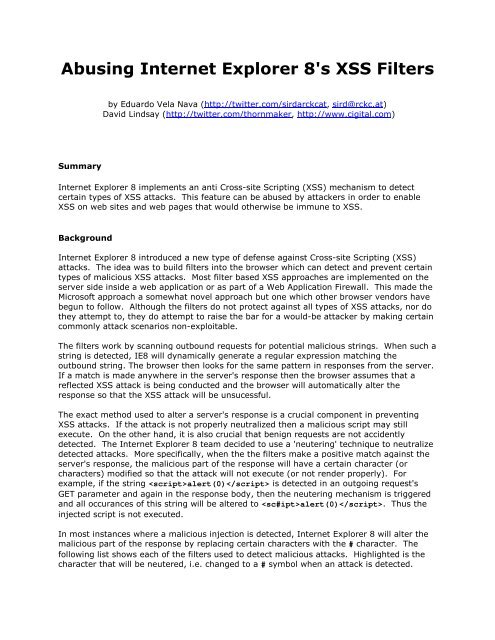 Abusing Internet Explorer 8's XSS Filters [PDF] - Sysdream
