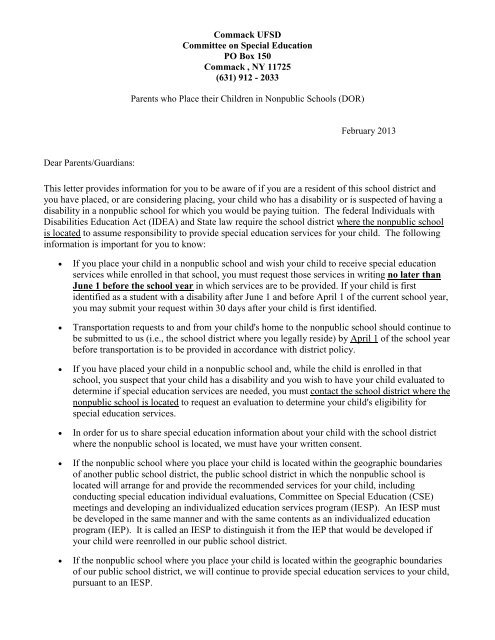 Special Education Non-Public School Transportation Letter ...