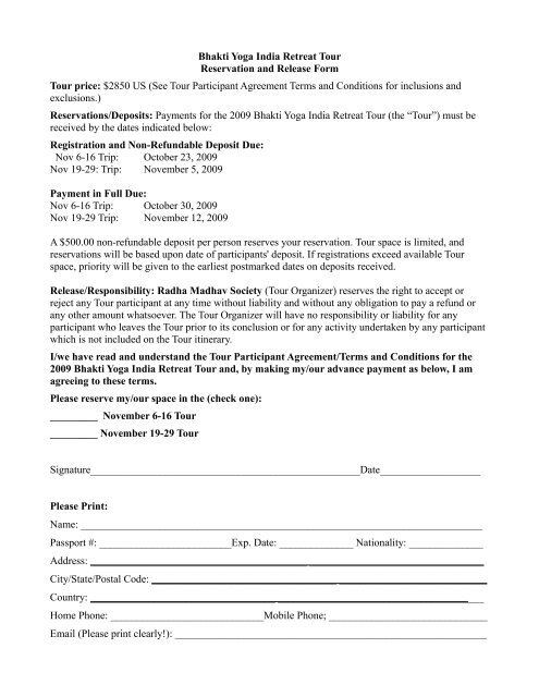 Bhakti Yoga India Retreat Tour Reservation and Release Form Tour ...
