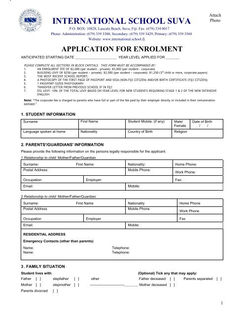application for enrolment - International School Suva