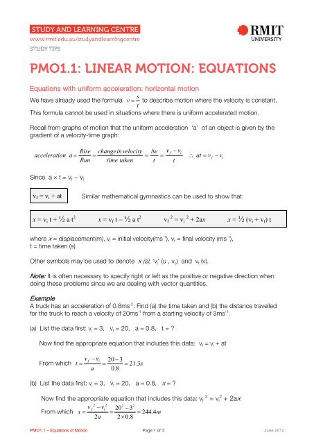 Pmo1 1 Linear Motion Equations