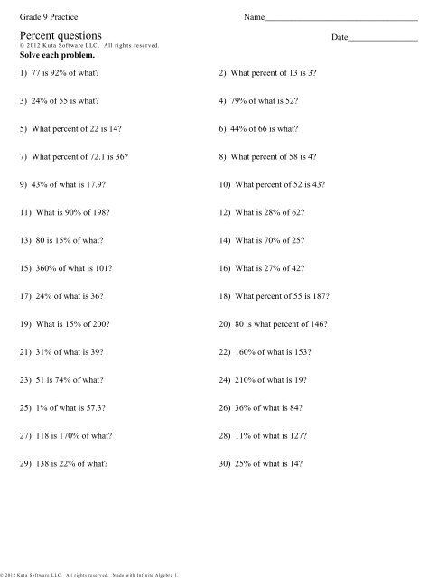 Grade 9 Practice Percent Questions pdf RHHS Math