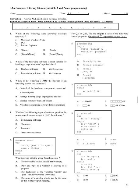 S2a Computer Literacy 20 Min Quiz Ch 2 And Pascal Programming