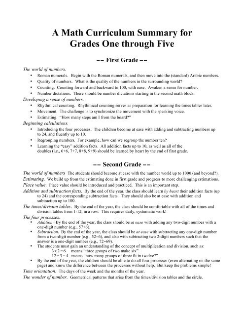 JYP Math Curriculum Overview - grades 1-5 - Waldorf math books ...