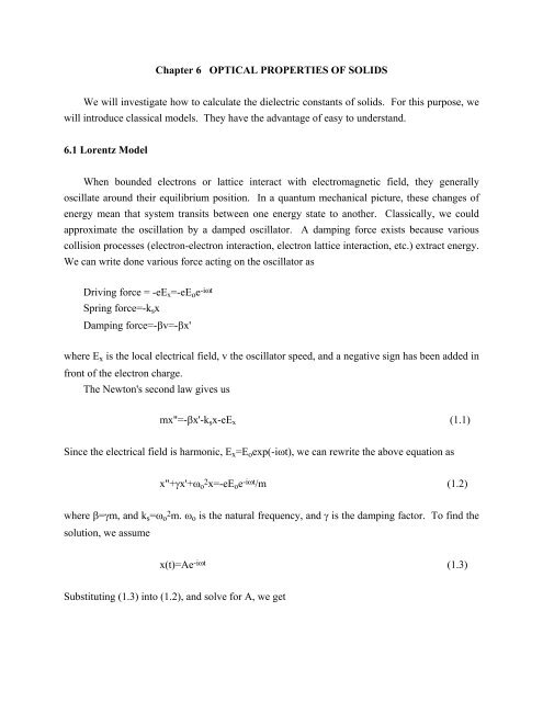 Chapter 6 OPTICAL PROPERTIES OF SOLIDS We will investigate ...
