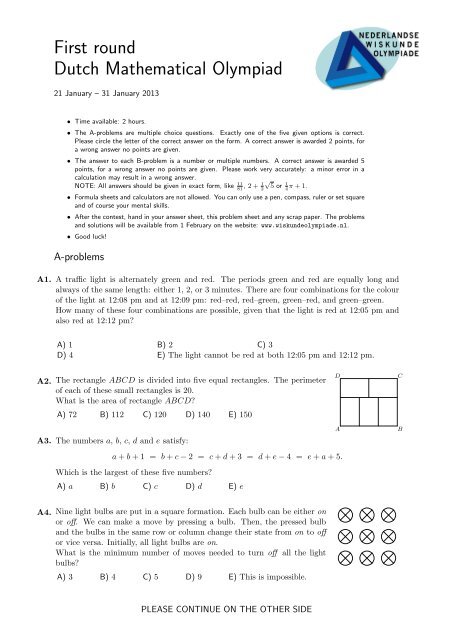 First round Dutch Mathematical Olympiad - Nederlandse Wiskunde ...