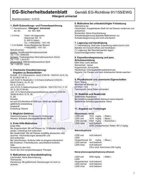 EG-Sicherheitsdatenblatt GemÃ¤Ã EG-Richtlinie 91/155/EWG
