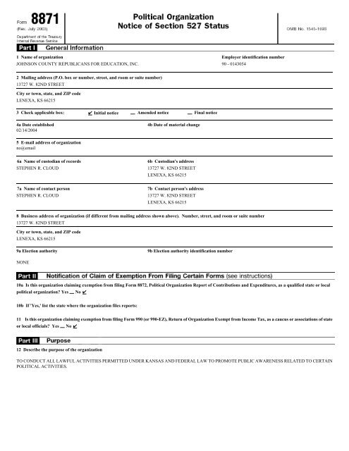 IRS 8871, Political Organization, Notice of Section 527 Status
