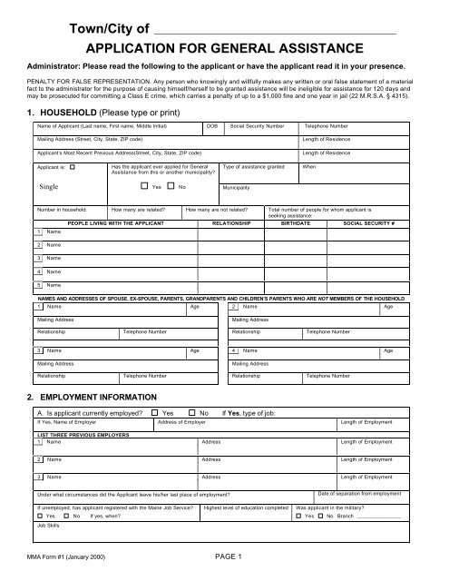 Application Form, General Assistance - Town of Robbinston