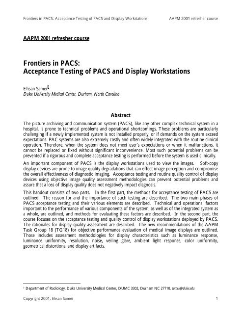 Acceptance Testing of PACS and Display Workstations