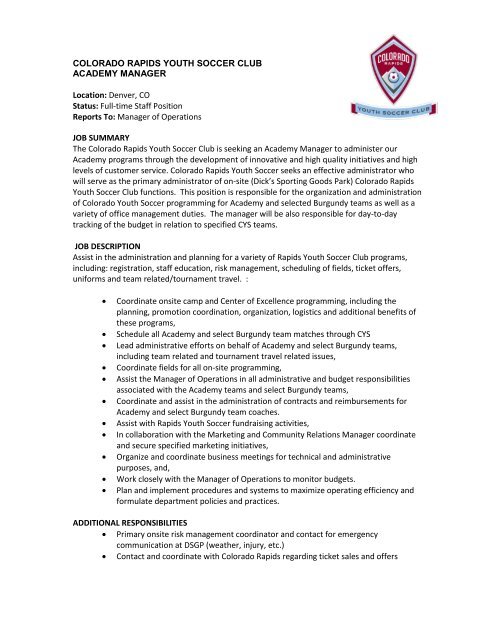 JOB DESCRIPTION - Colorado Rapids Youth Soccer Club