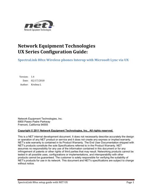Network Equipment Technologies UX Series Configuration Guide:
