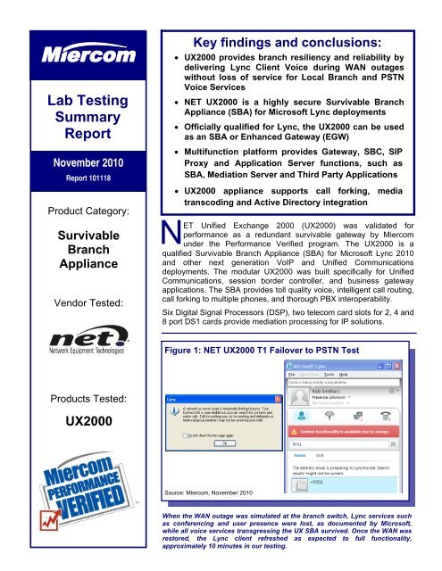 Lab Testing Summary Report - Network Equipment Technologies, Inc.