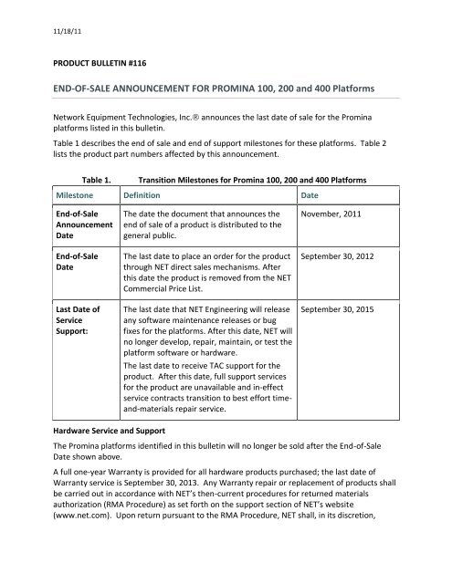 PROMINA 100, 200 and 400 Platforms - Network Equipment ...