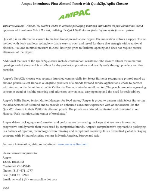 Ampac Introduces First Almond Pouch with QuickZip/Aplix Closure