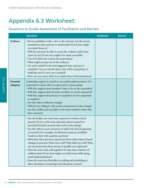 RNAO Facilitators and Barriers Worksheet - Best Practices Toolkit