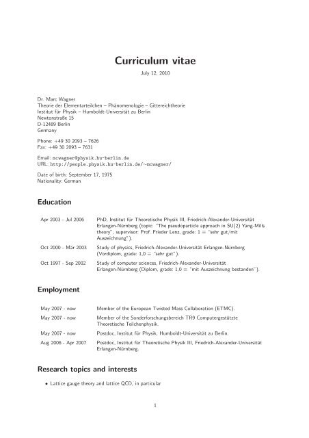Curriculum vitae - Institut für Theoretische Physik Curriculum vitae - Institut für Theoretische Physik