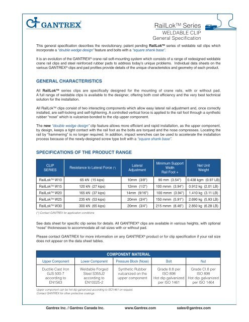 RailLokâ ¢ Weldable Clip General Specifications - Gantrex
