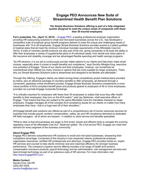Engage PEO Announces New Suite of Streamlined Health Benefit Plan Solutions