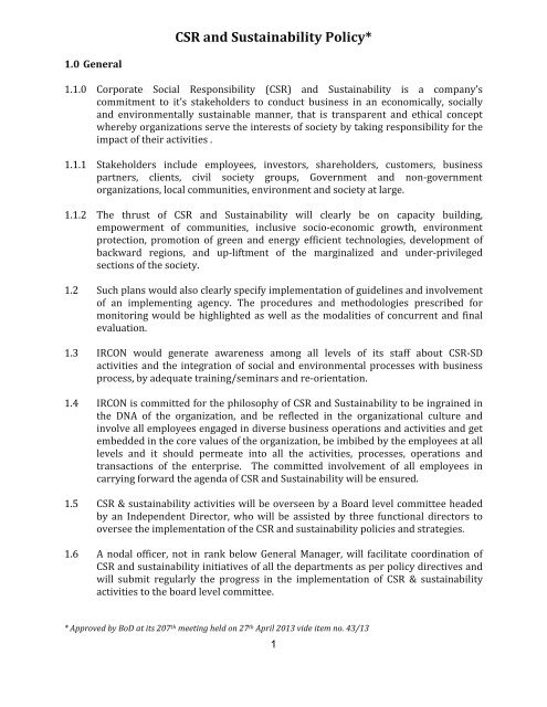 CSR and Sustainability Policy* - Ircon International Ltd.