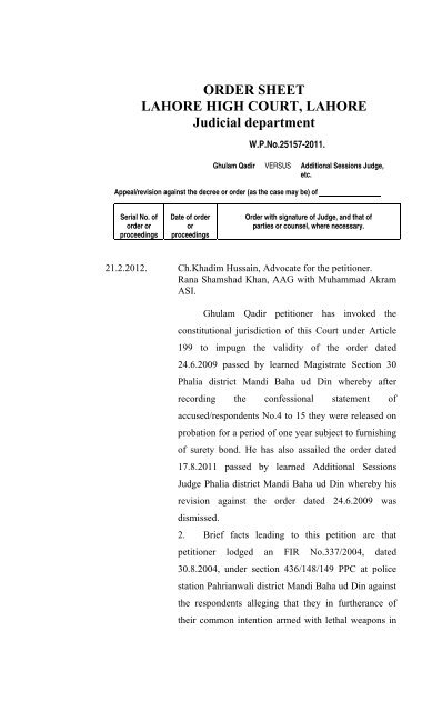 ORDER SHEET LAHORE HIGH COURT, LAHORE Judicial ...