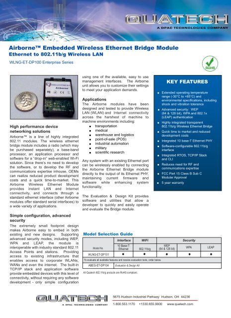 Airborneâ„¢ Embedded Wireless Ethernet Bridge Module - Quatech