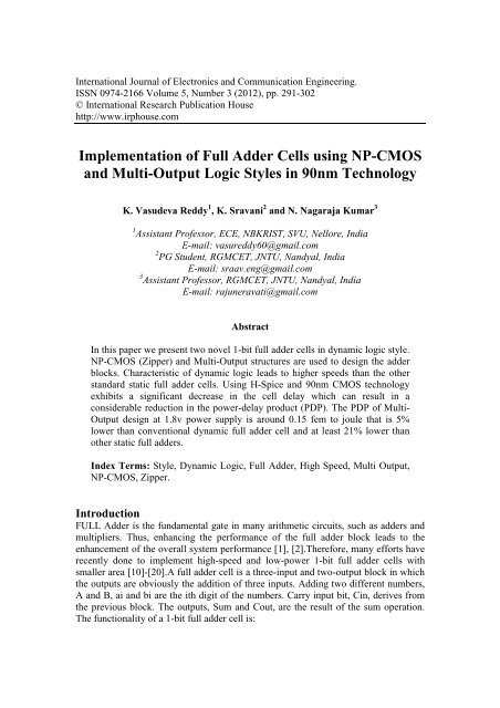 Implementation of Full Adder Cells using NP-CMOS and Multi ...