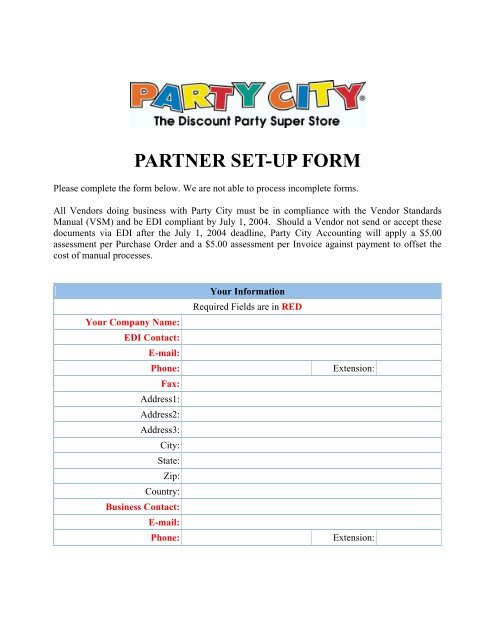 EDI Trading Partner Set Up Form