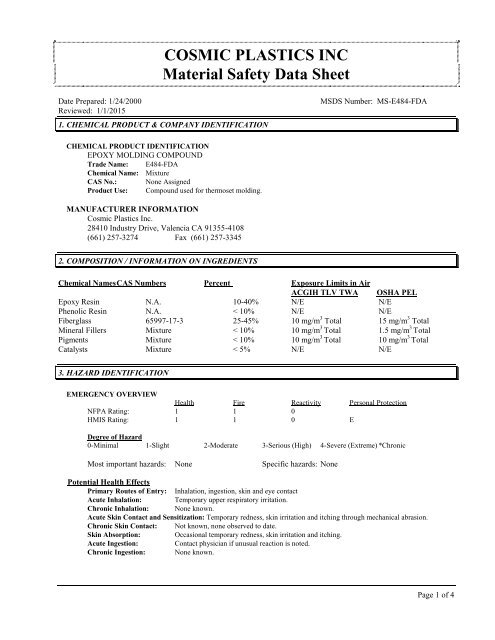 E484-FDA - Cosmic Plastics Inc.