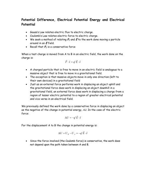 Potential Difference, Electrical Potential Energy and Electrical ...