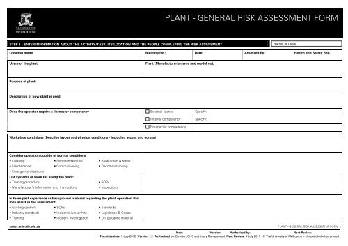 Plant - general risk assessment form - Safety - University of Melbourne