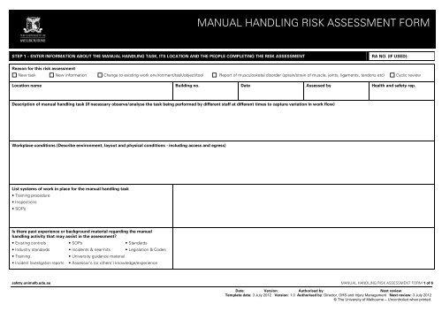 Manual handling risk assessment form - Safety - University of ...