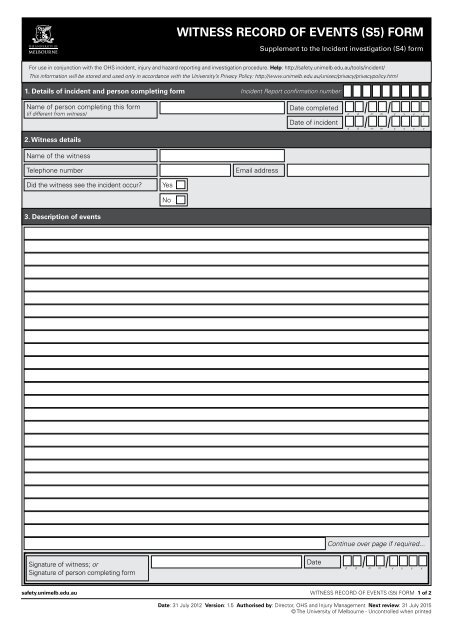 Witness record of events (S5) form - Safety - University of Melbourne