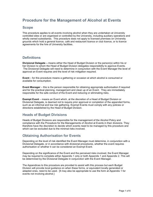 Procedure for the Management of Alcohol at Events - Safety