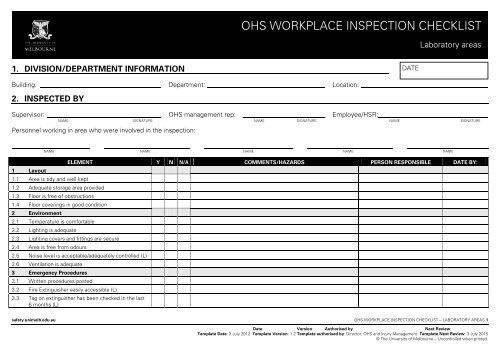 Laboratory Workplace Inspection Checklist - Safety - University of ...