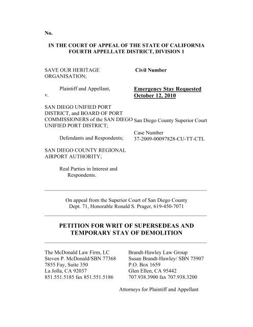 petition for writ of supersedeas and temporary stay of demolition