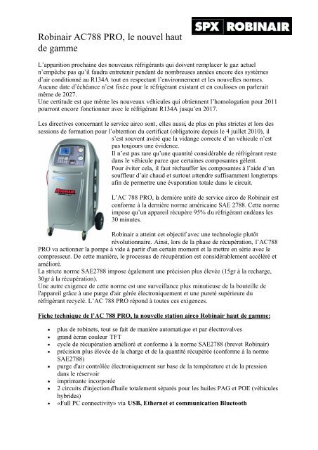 Robinair AC788 PRO, le nouvel haut de gamme - Tae