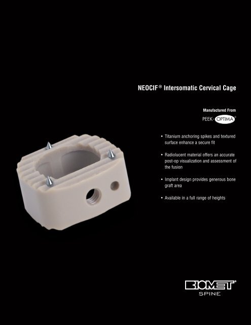 NEOCIFÂ® Intersomatic Cervical Cage - Biomet