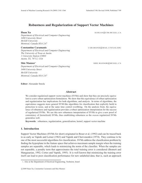 Robustness and Regularization of Support Vector Machines