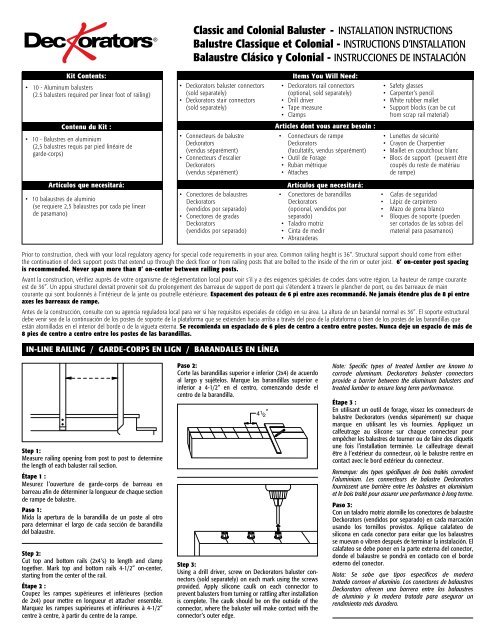 Deckorators Classic and Colonial Baluster Installation Instructions ...