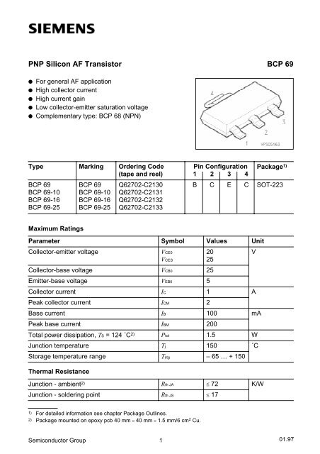 PNP Silicon AF Transistor BCP 69 - Datasheet Catalog