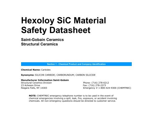 Hexoloy SiC Material Safety Data Sheets MSDS No MSDS 434A Hexoloy SiC Material Safety Data Sheets MSDS No MSDS 434A
