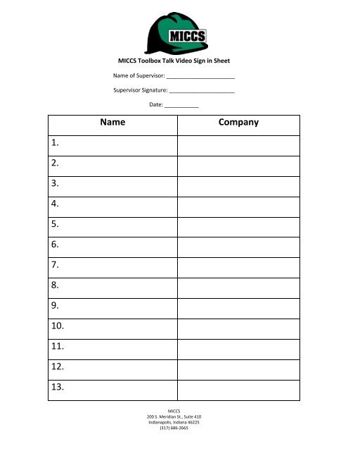 Tool Box Meeting Sign In Sheets