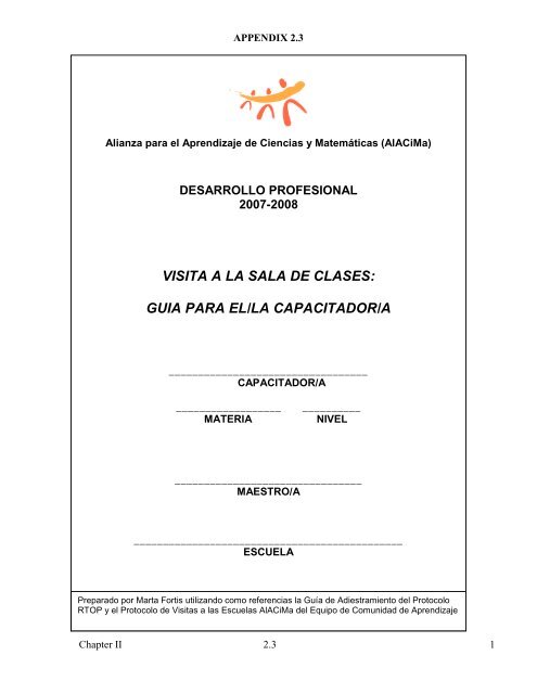 VISITA A LA SALA DE CLASES: GUIA PARA EL/LA ... - Alacima