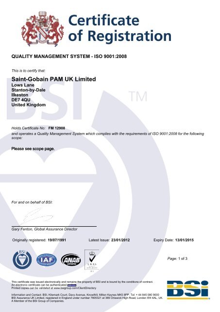 Iso 9001 2008 Quality Assurance Certificate Saint Gobain Pam Uk