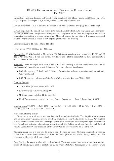 IE 433 Regression and Design of Experiments Fall 2007