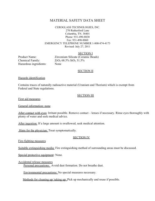Material Safety Data Sheet (MSDS) Ceramic Beads