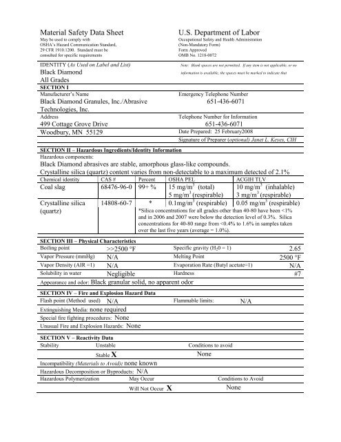 Material Safety Data Sheet (MSDS) Coal Slag, All Grades