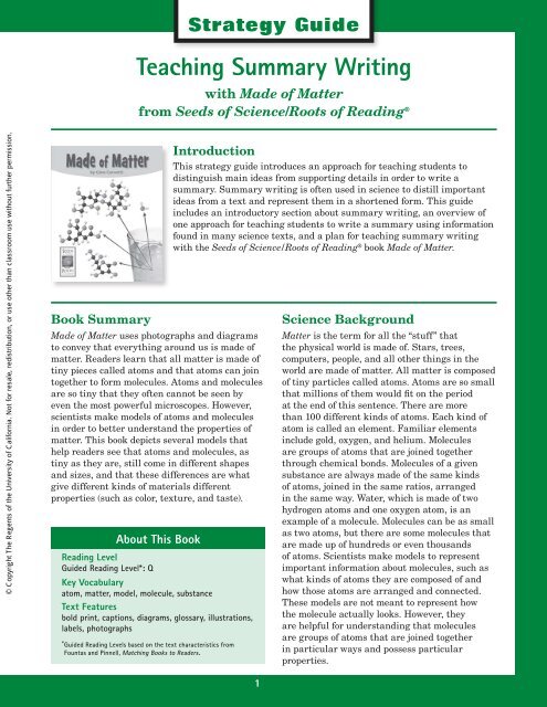 Teaching Summary Writing - Seeds of Science/Roots of Reading