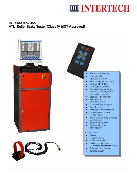 INT 8752 MK2UKC ATL Roller Brake Tester (Class IV MOT Approved)